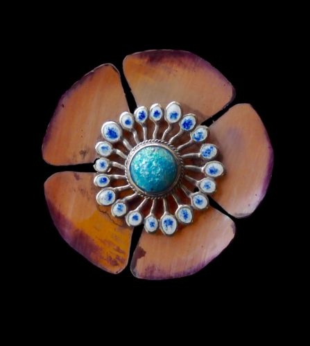 An unusual horn, silver and enamel hatpin - The Pear Tree Collection