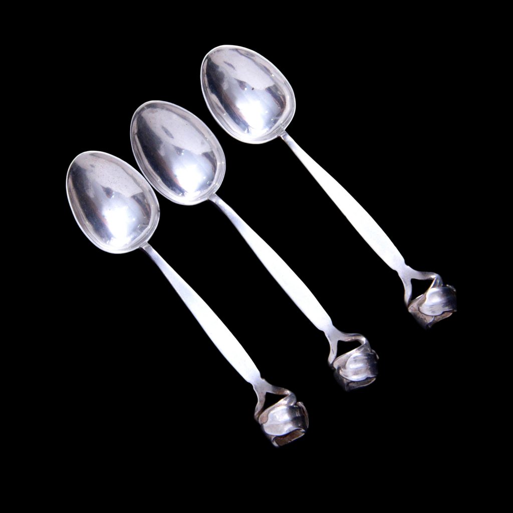 Three Kate Harris art nouveau silver tea spoons - The Pear Tree Collection